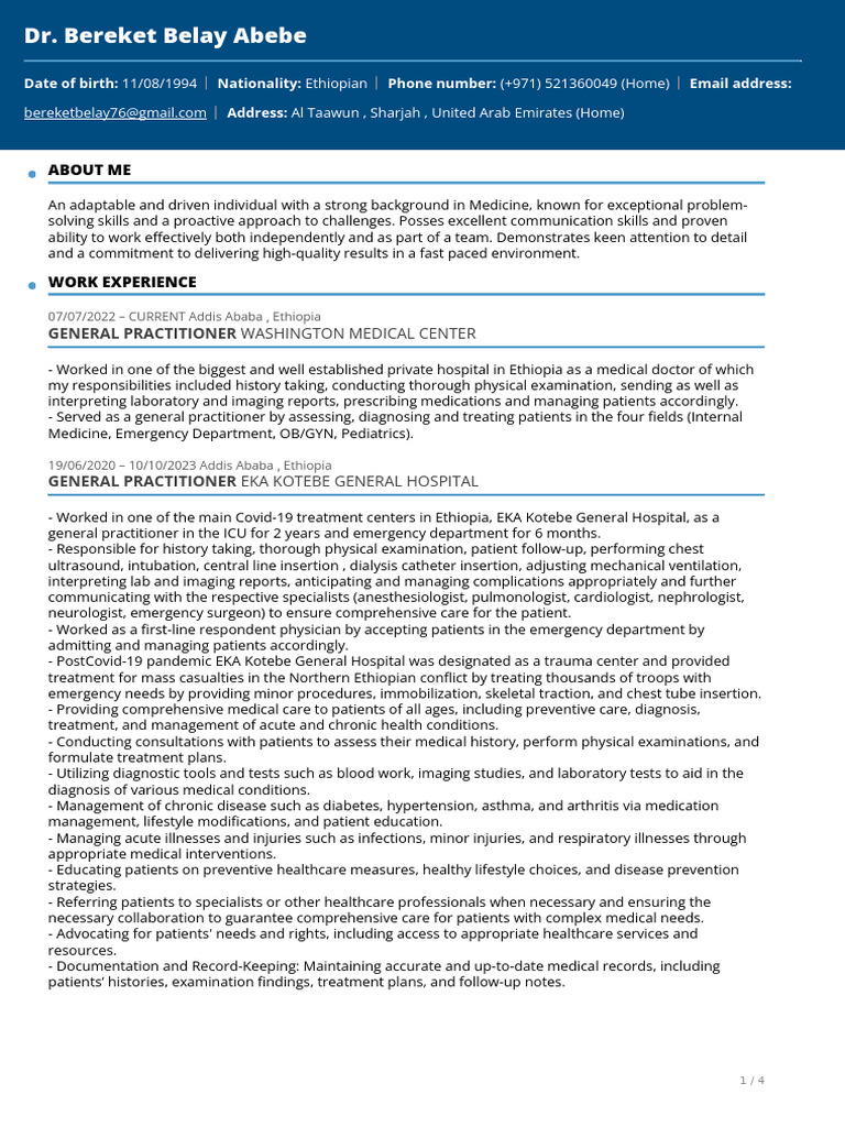 DR - Bereket Belay Curriculum Vitae | PDF | Health Care | Chronic Condition