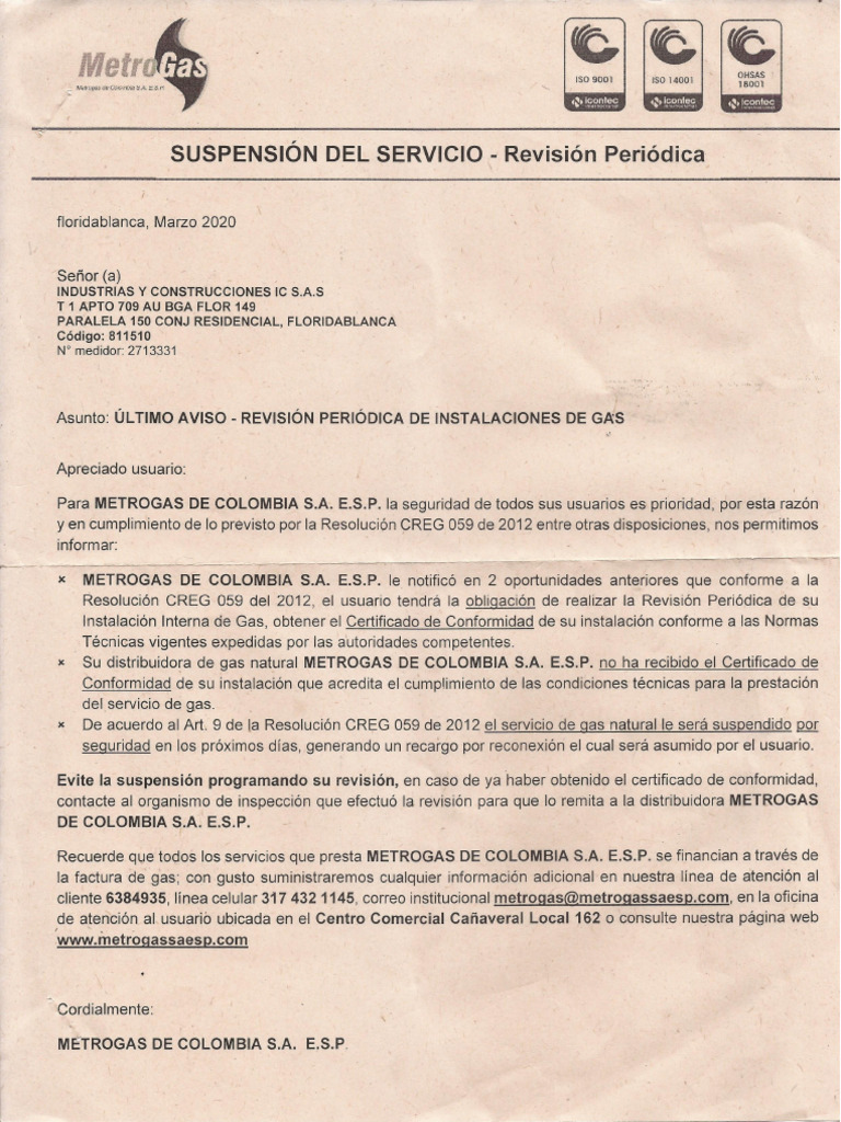 Revision Gas Paralela 150 2da Notificacion | PDF