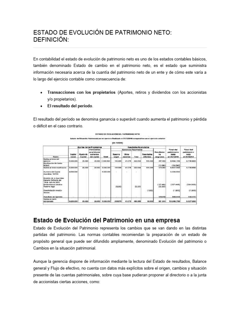 Estado de Evolución de Patrimonio Neto | PDF | Contabilidad | Valor neto