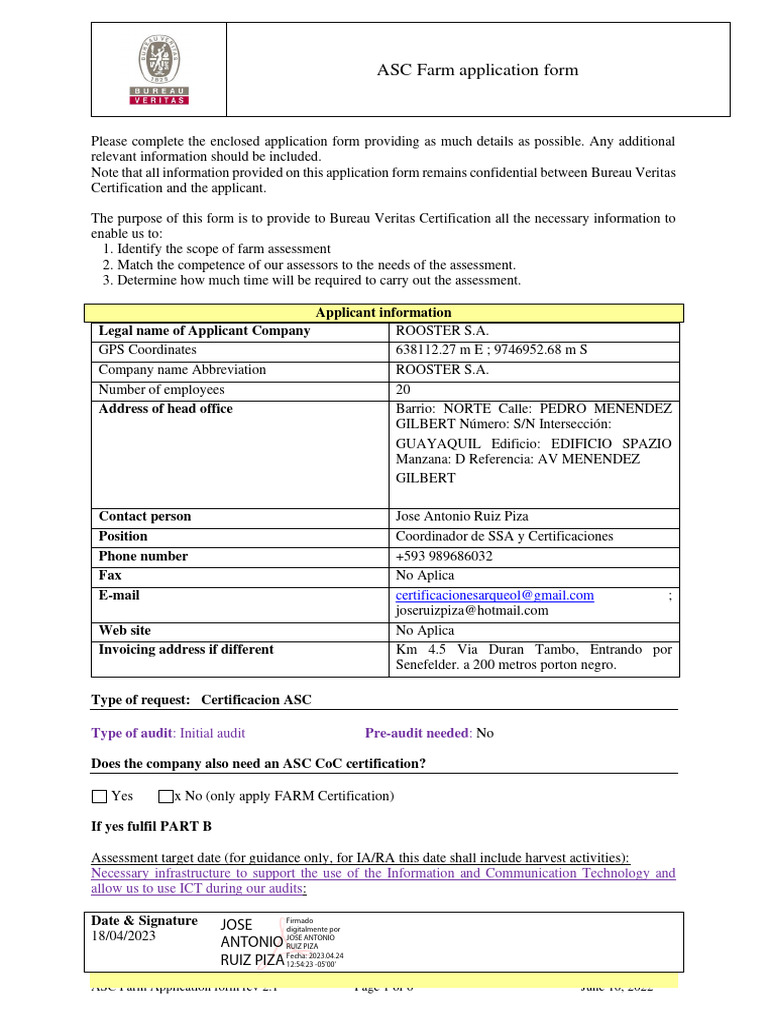 ASC Farm Certification Form | PDF | Audit | Internal Audit