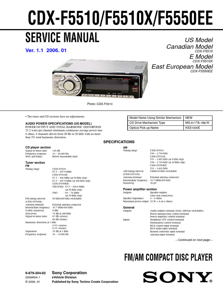 Sony cdx-f5510 f5510x F5550ee Ver-1.1 SM | PDF | Hertz | Frequency ...