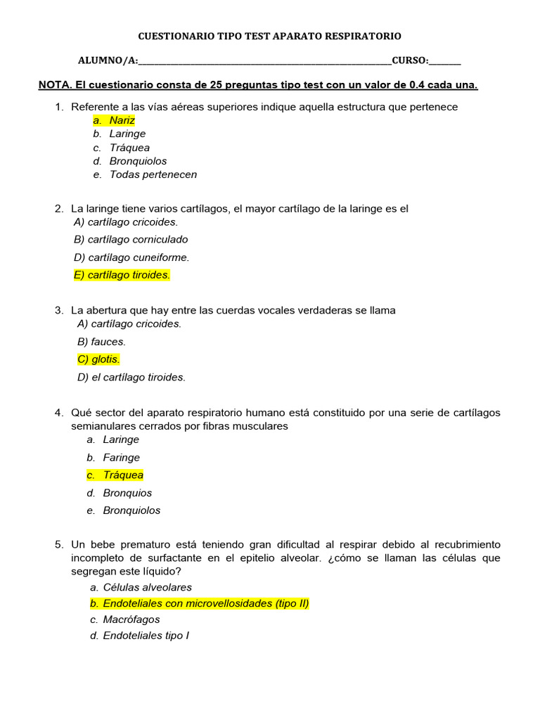 Cuestionario Test Respiratorio. | PDF | Pulmón | Sistema respiratorio