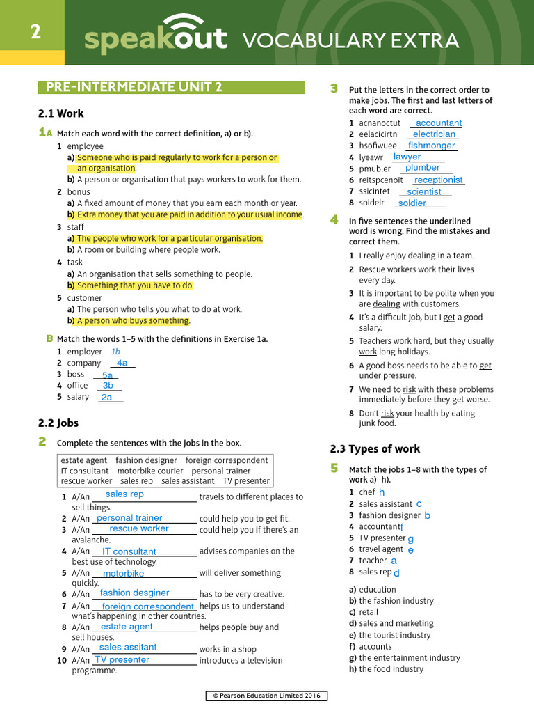 Speakout Pre-Intermediate Vocabulary Guide | PDF | Employment | Salary