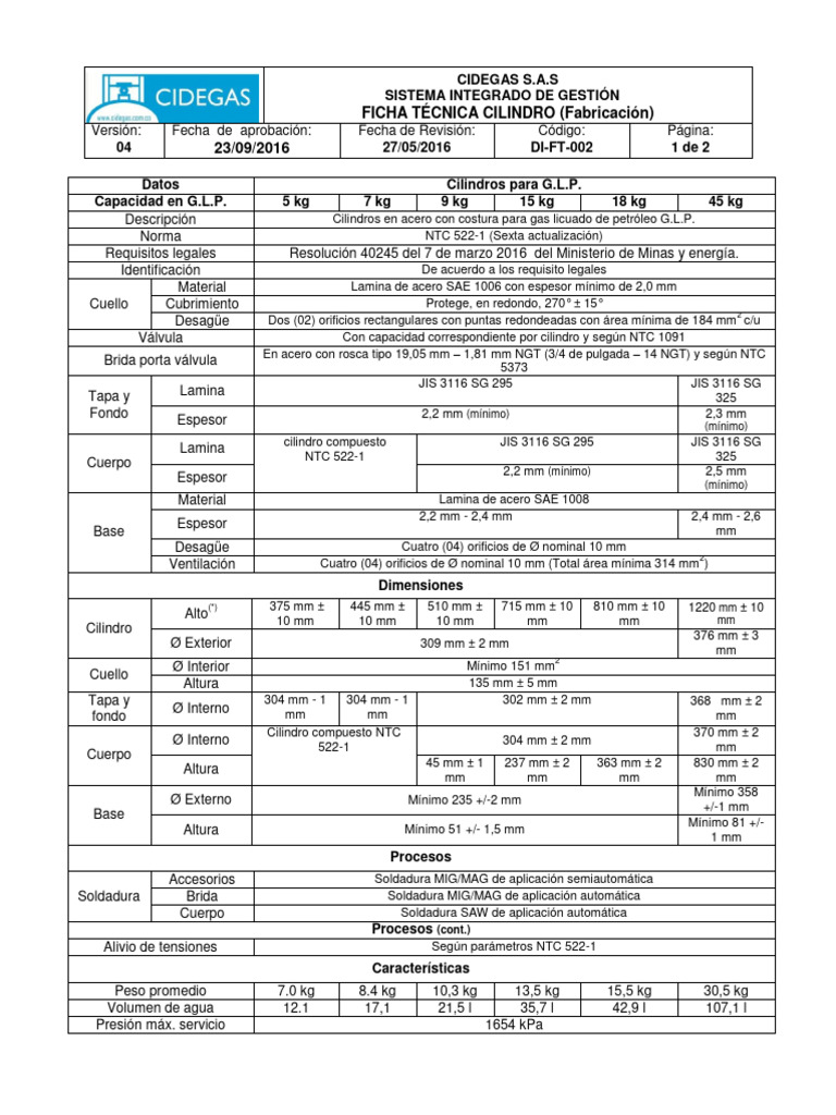 DI-FT-002 FICHA TÉCNICA CILINDRO v4 | PDF | Materiales