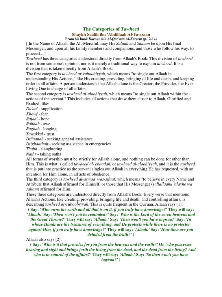 1 The Categories of Tawheed | PDF | Tawhid | Religious Behaviour And ...