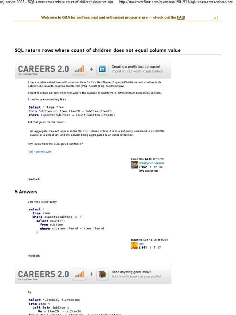 SQL Server 2005 - SQL Return Rows Where Count of Children Does Not Equal Column Value - Stack ...