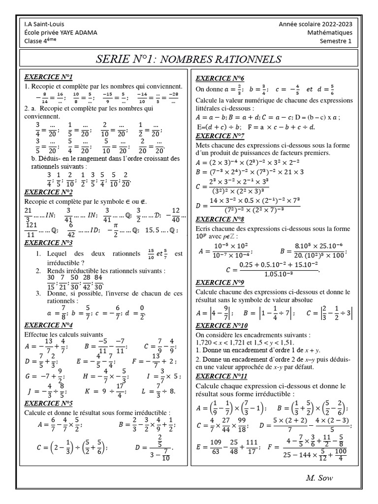 Serie N°1 4eme Maths | PDF | Nombre rationnel | Mathématiques élémentaires