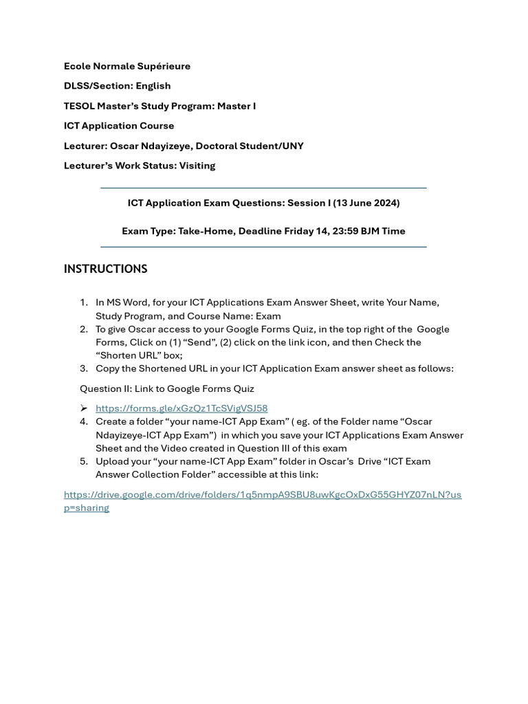 ICT Applications Exam Instructions for TESOL | PDF