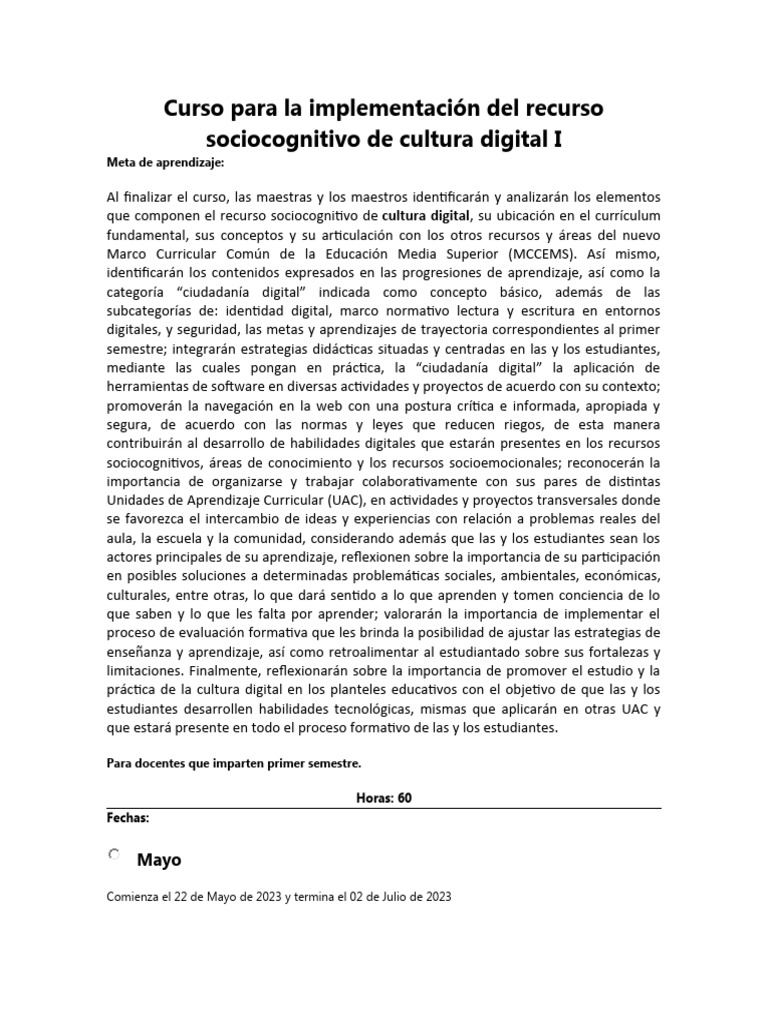 Curso para La Implementación Del Recurso Sociocognitivo de Cultura Digital I | PDF | Enseñando ...