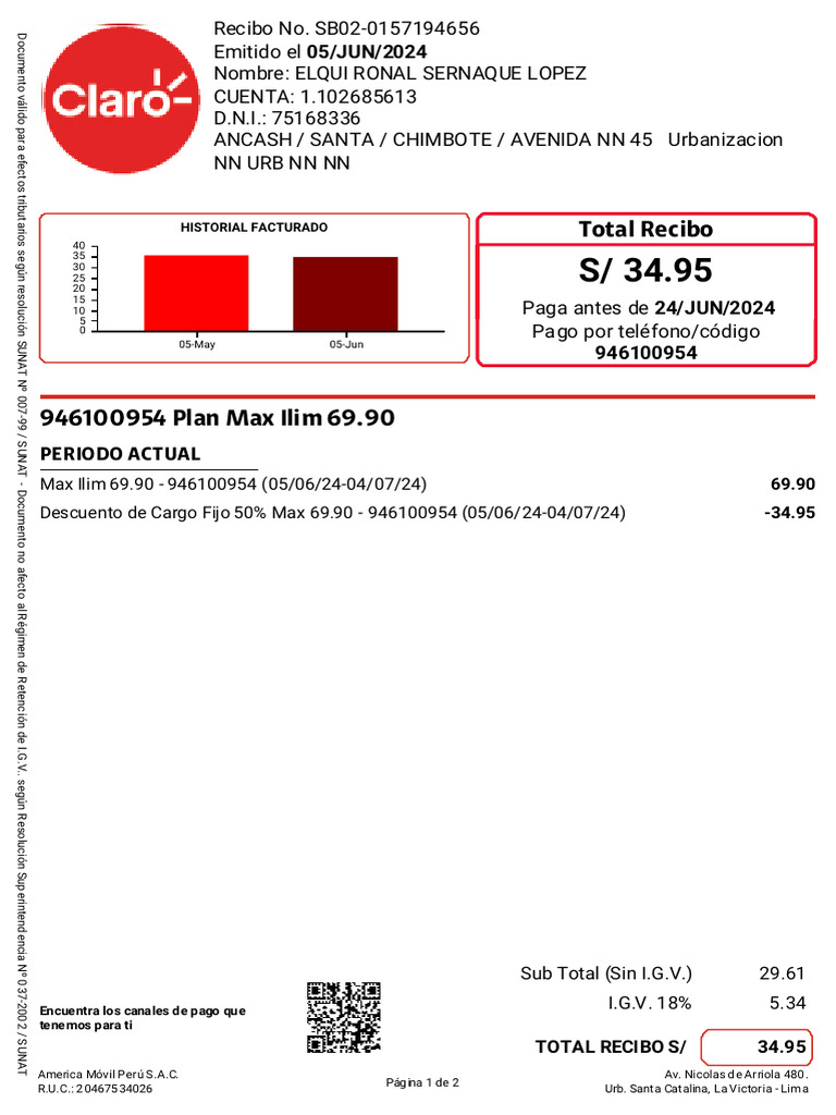 Recibo de Pago Claro: Detalles y Consumo | PDF