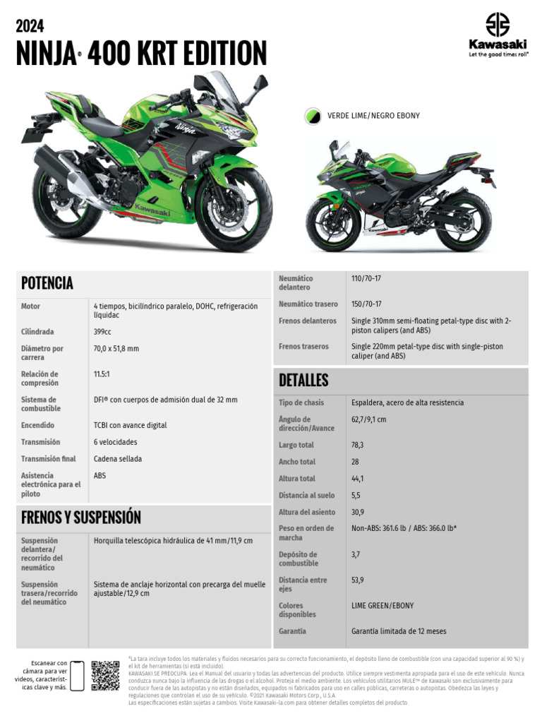 KWS Ficha Tecnica Ninja 400 Abs KRT Edition 24 | PDF | Neumático | Sistema de freno antibloqueo