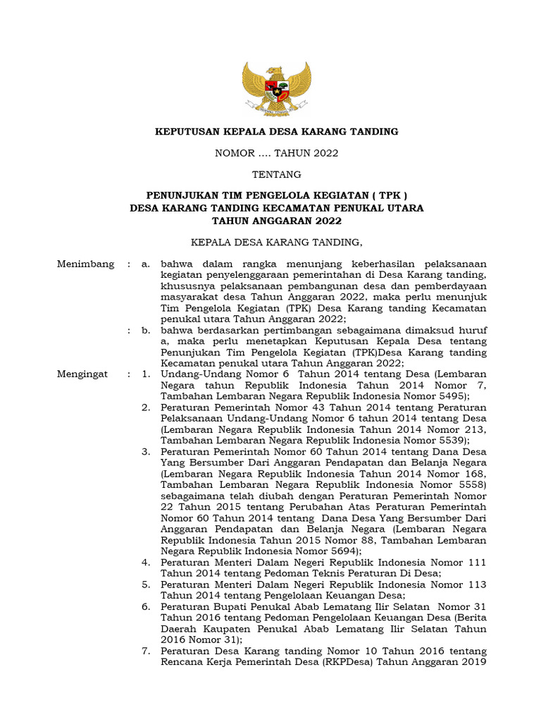 Format Baru SK Penunjukan TPK Desa | PDF