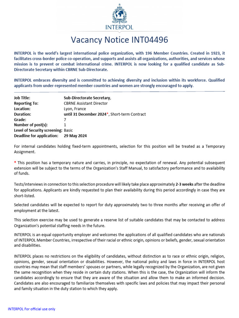 29.05.24 VN-INT04496 Sub-Directorate Secretary | PDF | Employment