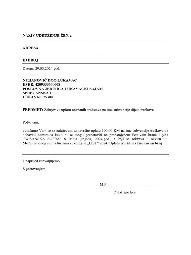Zahtjev Za Sredstva UŽ Bosanska Sofra LIST 2024 | PDF