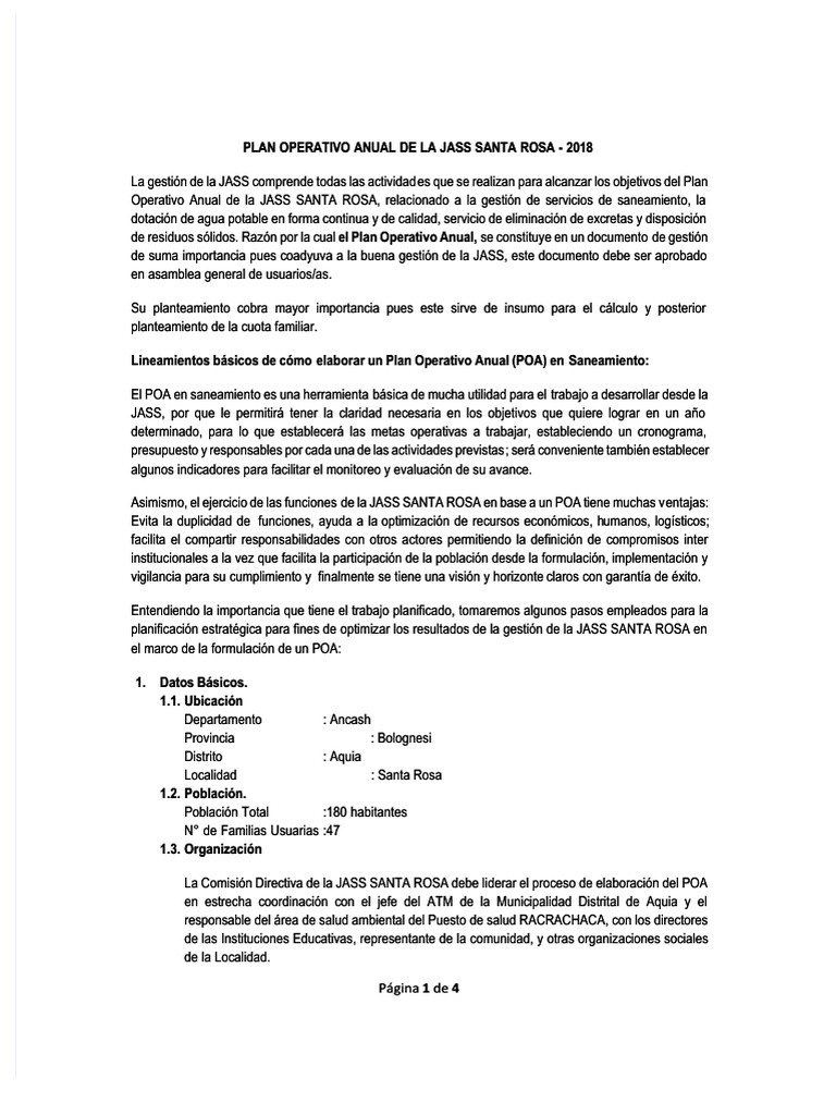 PDF Plan Operativo Anual de La Jass Santa Rosa - Compress | PDF | Saneamiento | Presupuesto