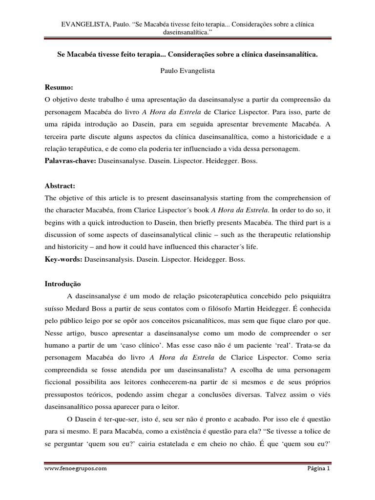 Macabéa e a Daseinsanalyse na Terapia | PDF | Tempo | Martin Heidegger