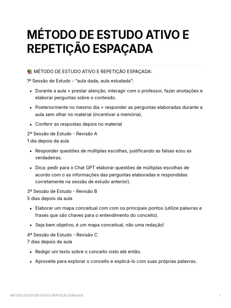 Método de Estudo Ativo e Repetição Espaçada | PDF | Pensamento | Cognição
