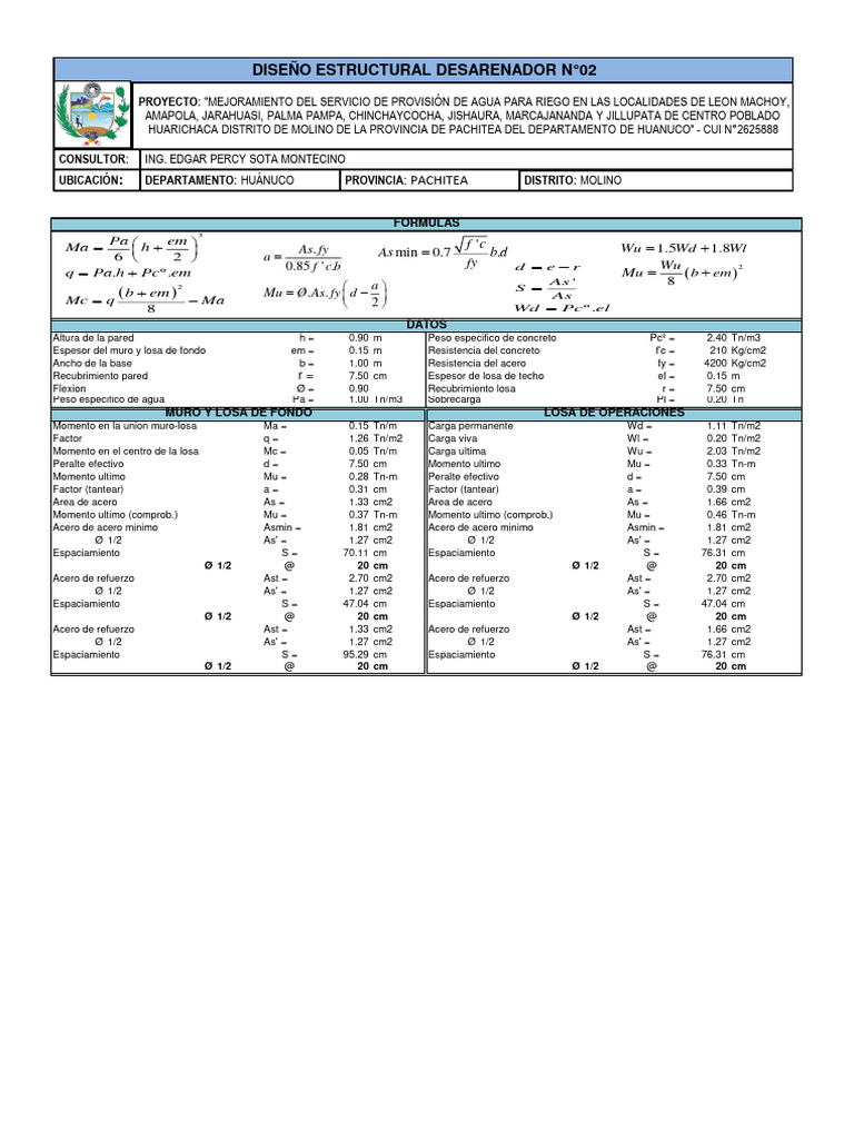Diseño Estructural Desarenador | PDF