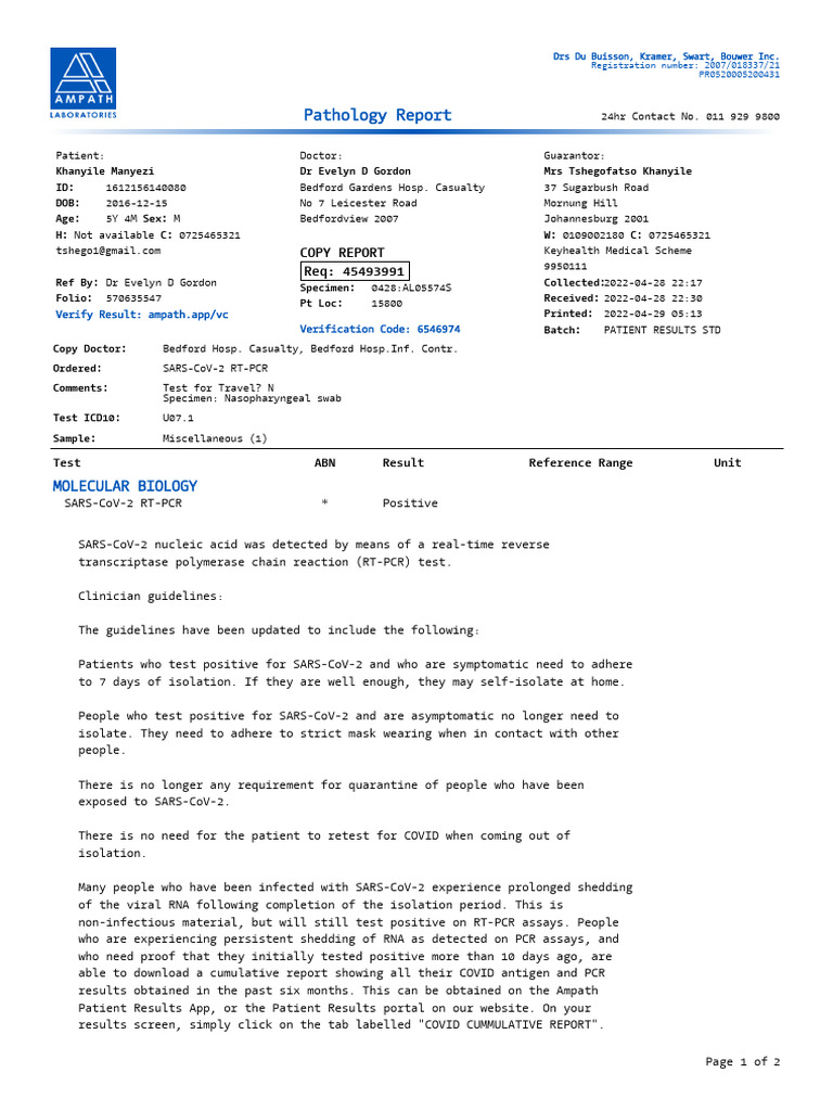 Pathology Report | PDF | Reverse Transcription Polymerase Chain Reaction | Infection