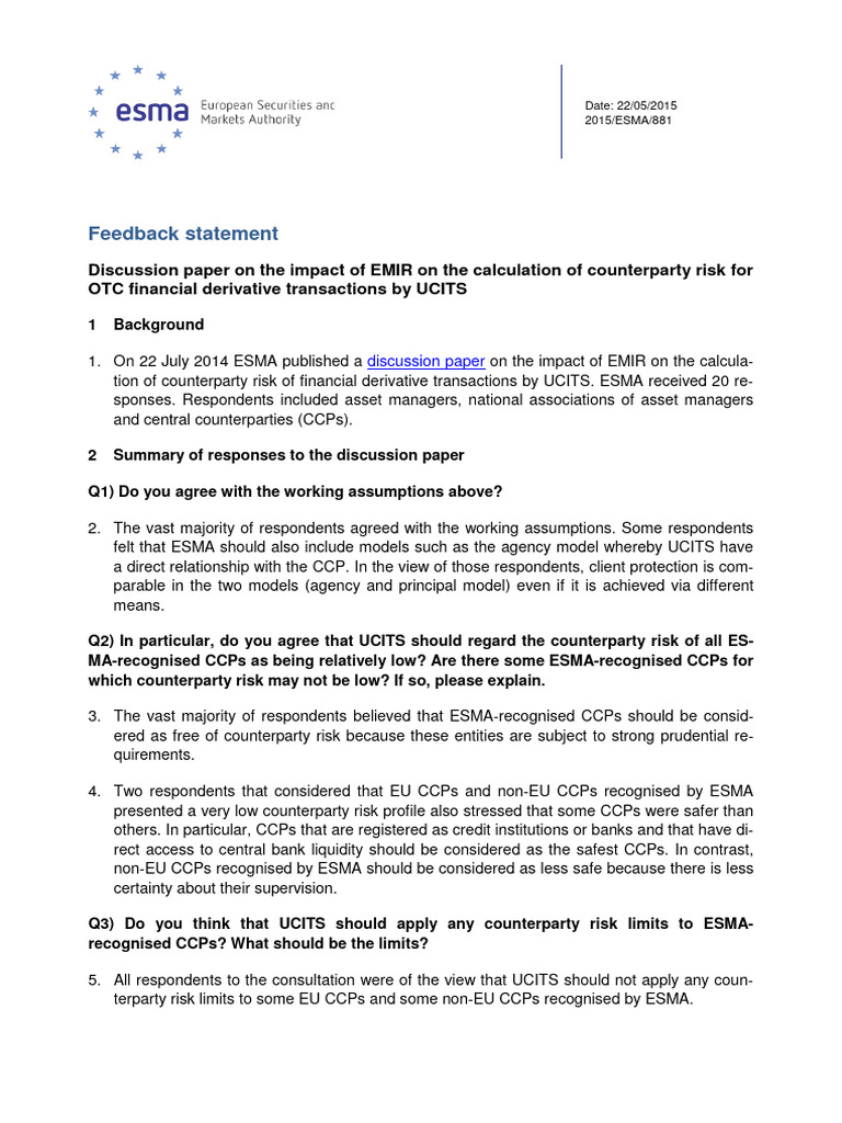 2015-881 Feedback Statement On Emir-Ucits | PDF | Financial Markets ...