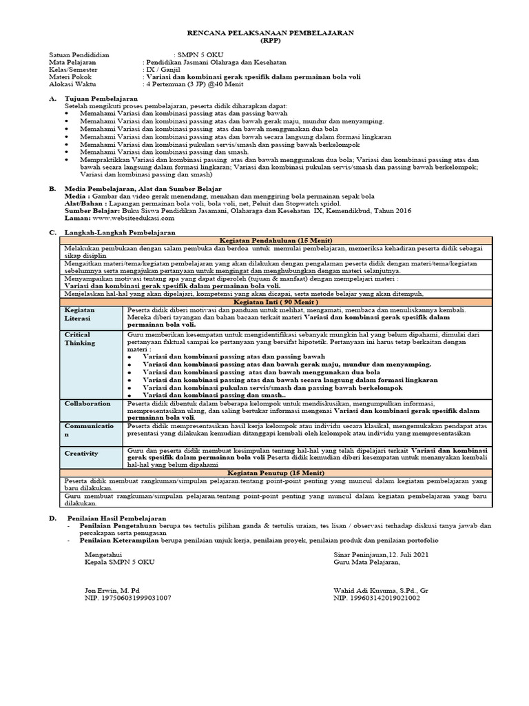 RPP 1 Lembar Pjok Kelas 9 - Bola Voli | PDF