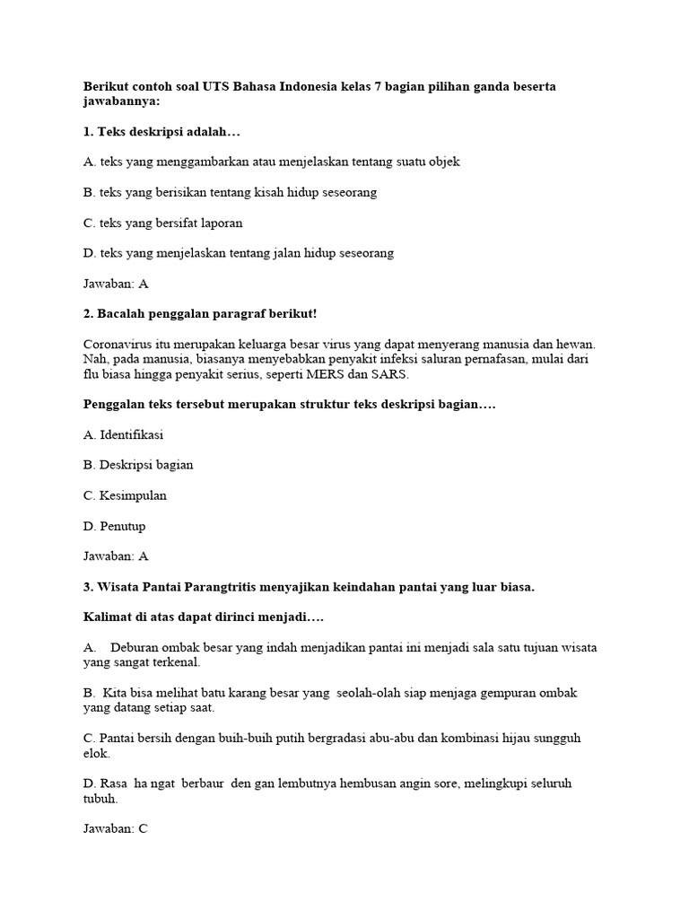 Contoh Soal UTS Bahasa Indonesia Kelas 7 | PDF | Kajian Bahasa Asing