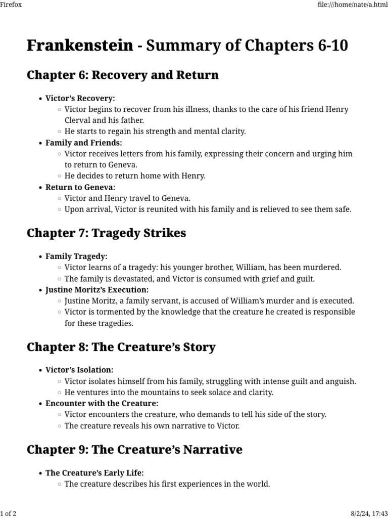 Frankenstein Chapters 6-10 | PDF | Frankenstein