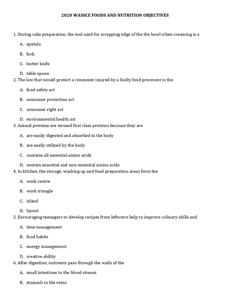 2020 Wassce Foods and Nutrition Objectives | PDF | Foods | Nutrition