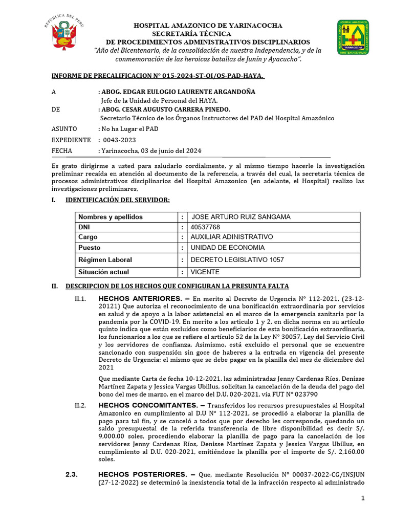 Informe de Precalificacion No Ha Lugar de Jose Arturo Sangama | PDF ...