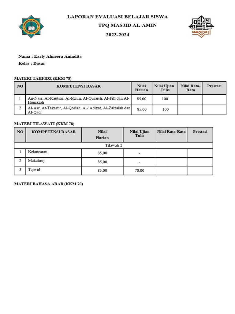 Contoh Rapor Qur An | PDF