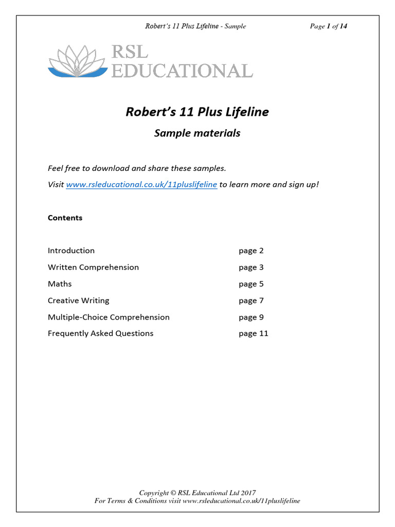 11 Plus Lifeline Official Sample Papers | PDF | Copyright ...