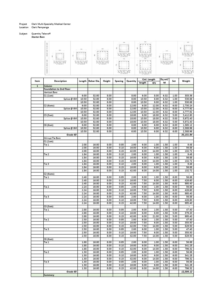 CSMC Rebar Quantity Take Off Column Starter Bar Upper Ground | PDF | Structural Engineering ...