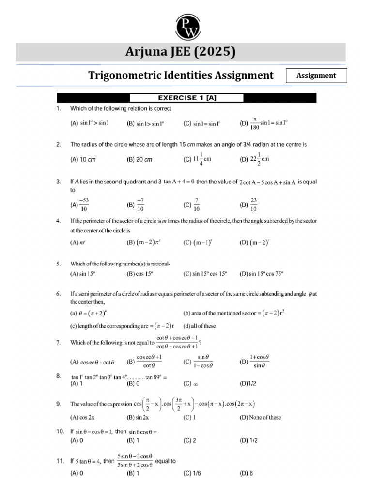 Trigonometric Identities - Assignment 01 - Only PDF | PDF