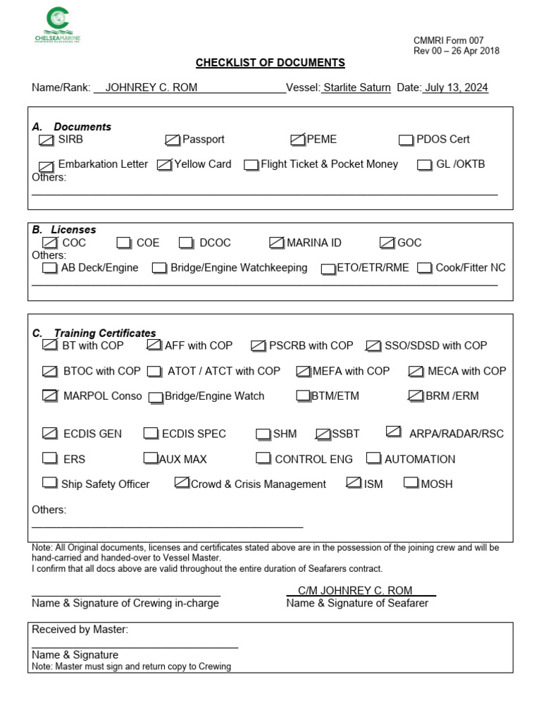 Form 007 Checklist of Documents | PDF