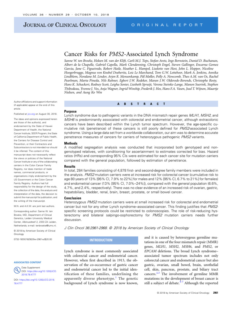 Cancer Risks For PMS2-Associated Lynch Syndrome | PDF | Cancer ...