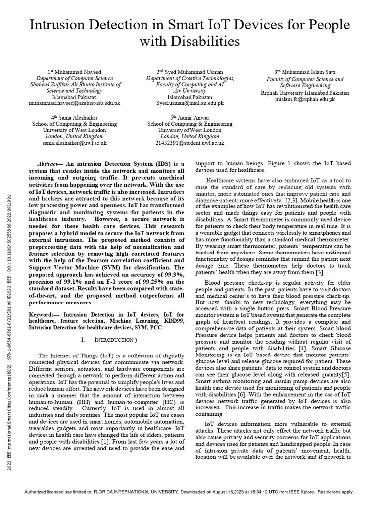 Intrusion Detection in Smart IoT Devices For People With Disabilities ...
