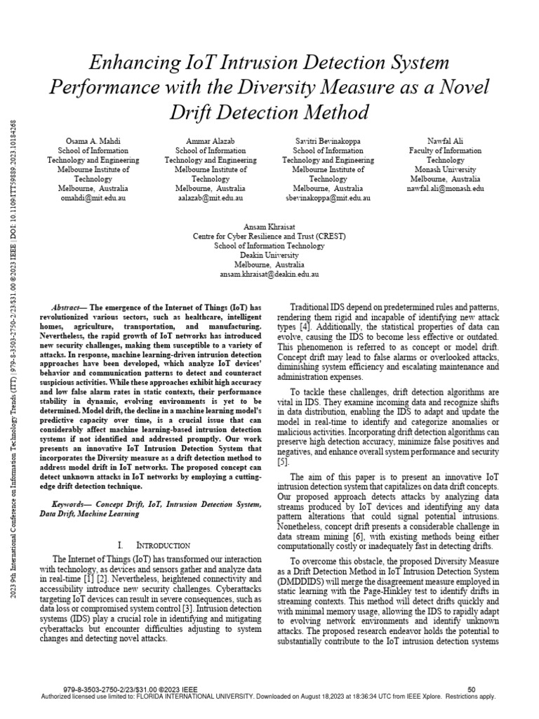 Enhancing Iot Intrusion Detection System Performance With The Diversity Measure As A Novel Drift