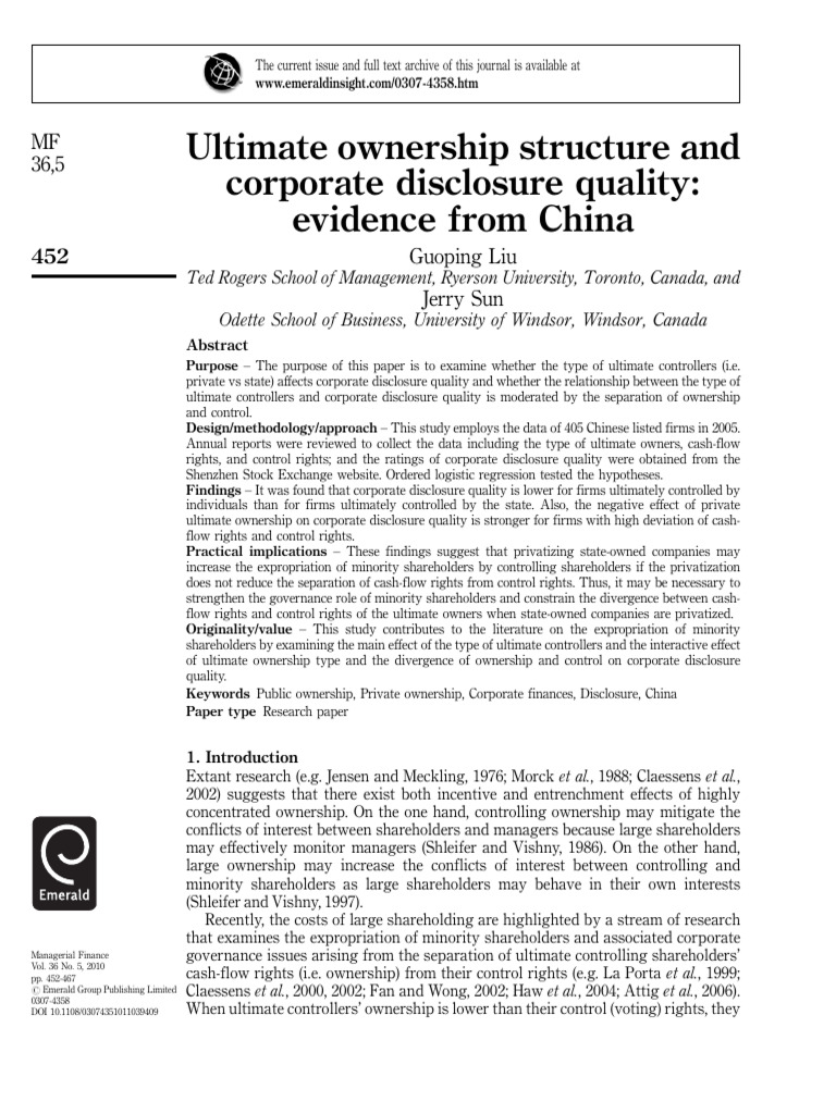 Ultimate Ownership Structure and Corporate Disclosure Quality: Evidence From China | PDF | State ...