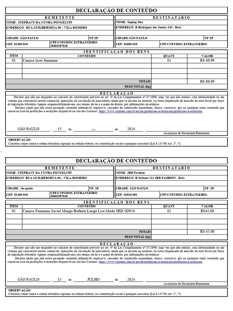 Formulario Declaracao de Conteudo A5 1 | PDF | Recibo