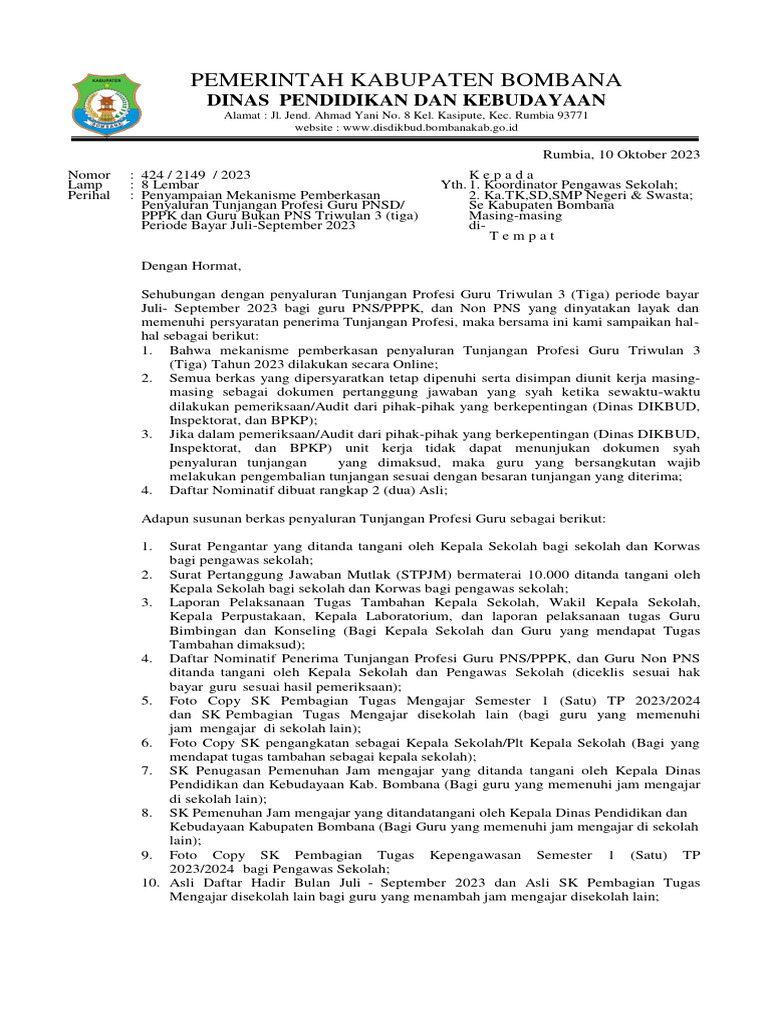 Surat Pemberkasan Sertifikasi Guru TW 3 Tahun 2023 | PDF