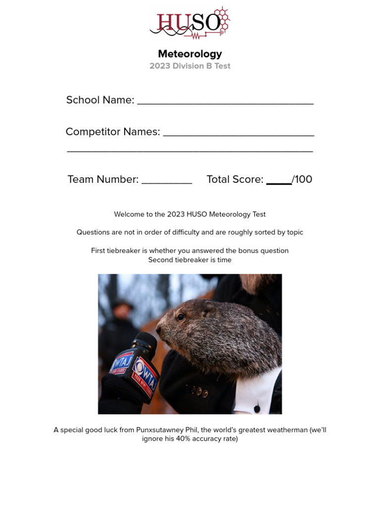 2023 Div B Meteorology Test | PDF | Precipitation | Cloud