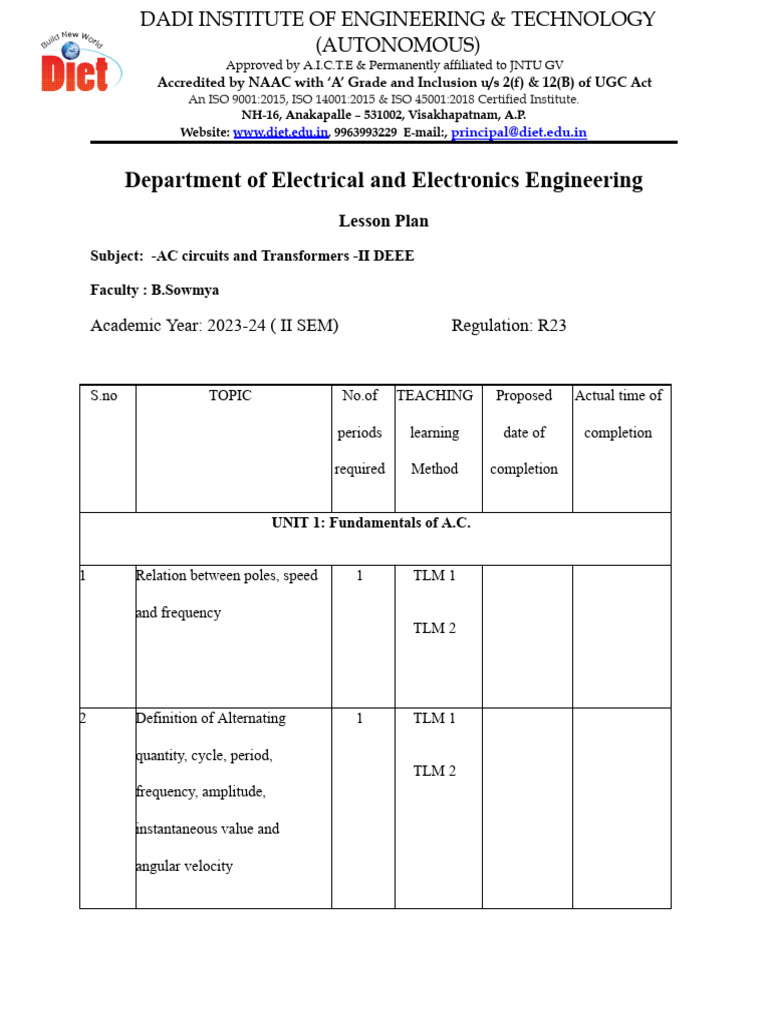 AC Circuits and Transformers Lesson Plan | PDF | Electrical Impedance | Transformer