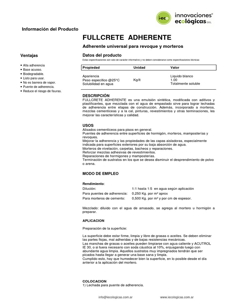 Fullcrete: Adherente para Morteros | PDF | Hormigón | Mortero (Albañilería)