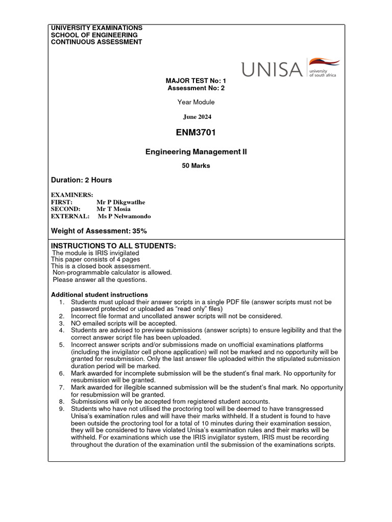 ENM3701 June 2024 Exam Instructions | PDF | Plagiarism | Computing