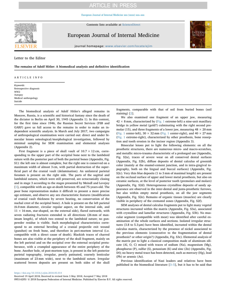 Hitler's Remains: Biomedical Analysis | PDF | Skull | Tooth