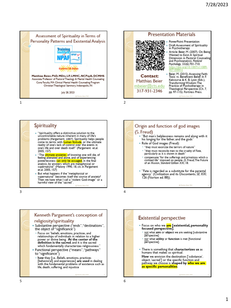 Beier - Assessment of Spirituality in Terms of Personality Patterns and Existential Analysis ...
