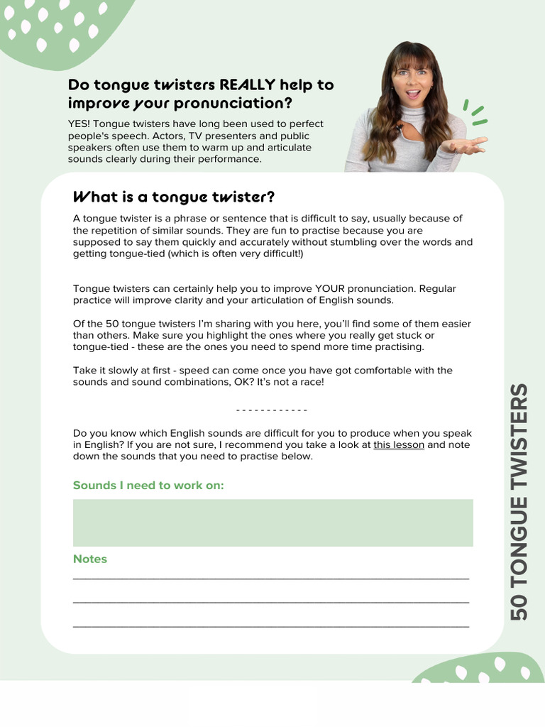 50 TONGUE TWISTERS in English For Pronunciation Practice! | PDF | Phonetics