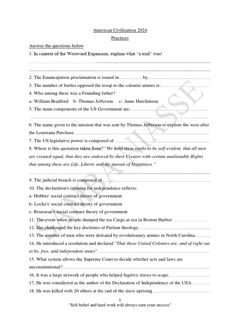 US History Quiz: Key Concepts & Events | PDF | Founding Fathers Of The ...