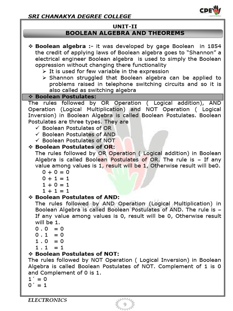 Electronic Unit 2 1 | PDF | Logic Gate | Boolean Algebra