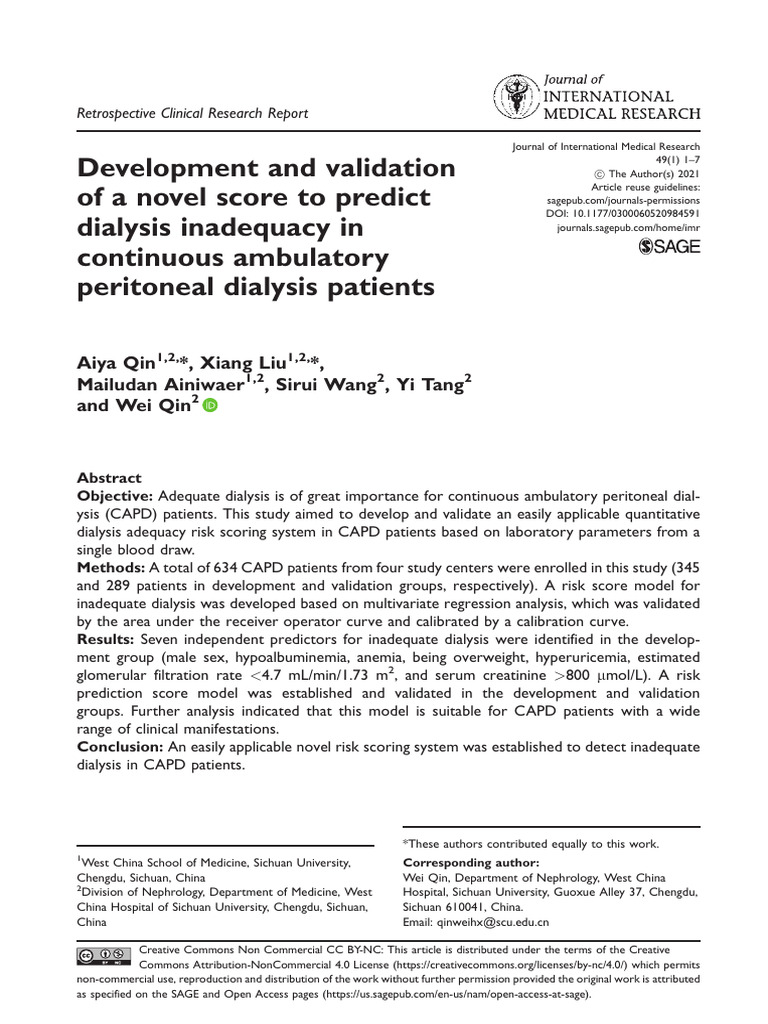 Development and Validation of A Novel Score To Predict Dialysis ...